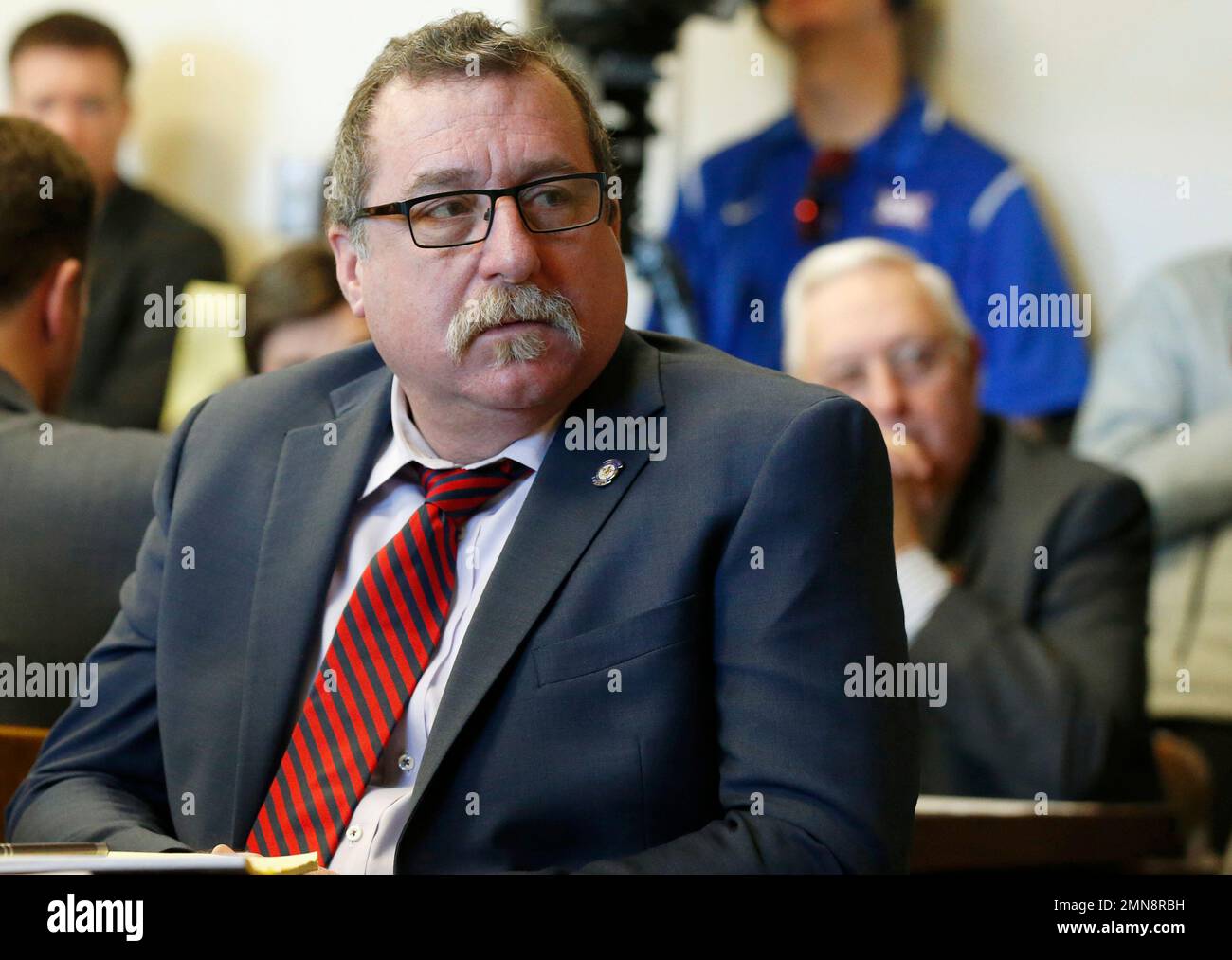 FILE - In this Feb. 8, 2018, file photo, Oklahoma state Rep. Mark McBride, listens during a ...