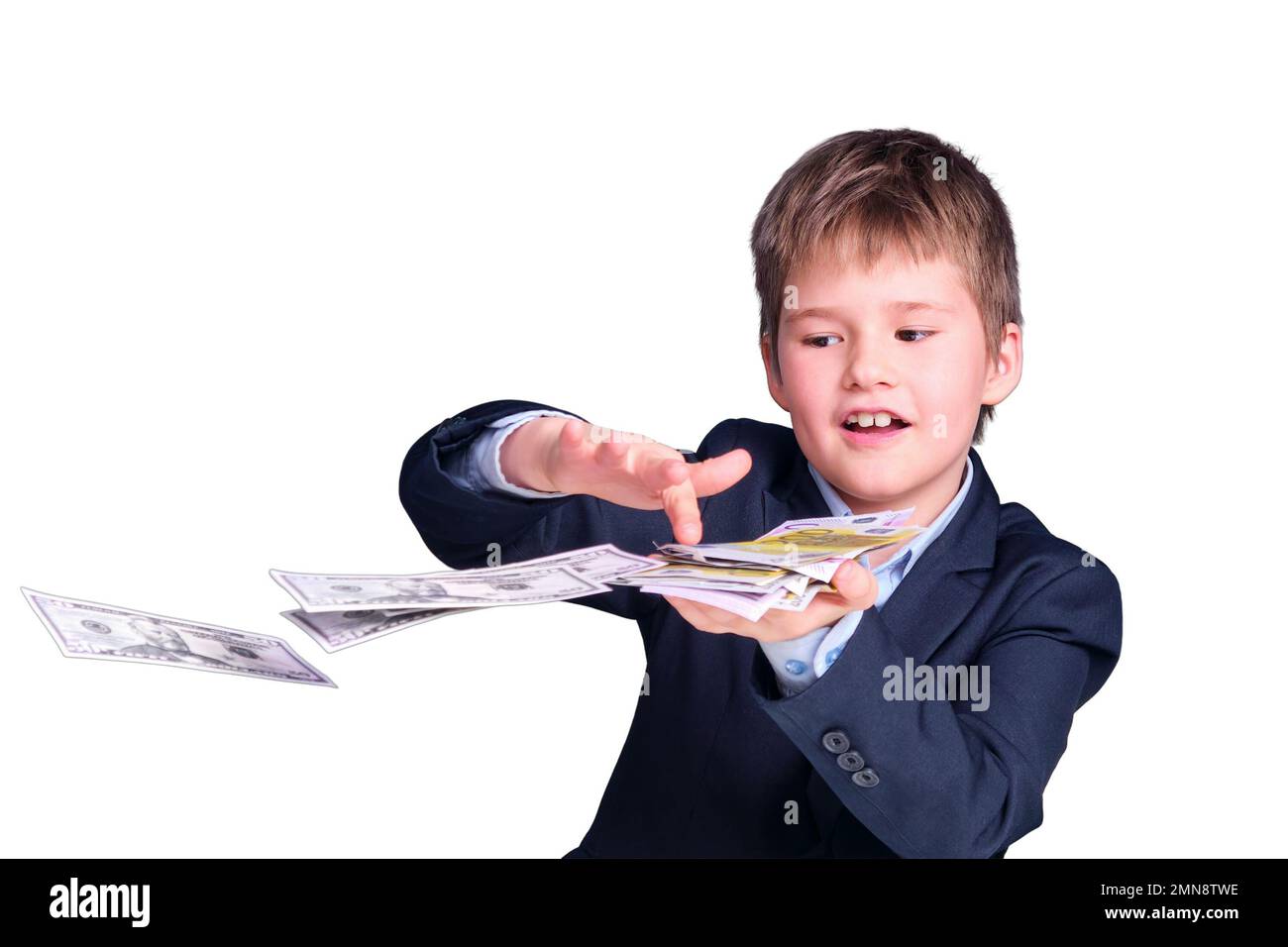 Schoolboy junior and money in dollars and euros for education. Money ...