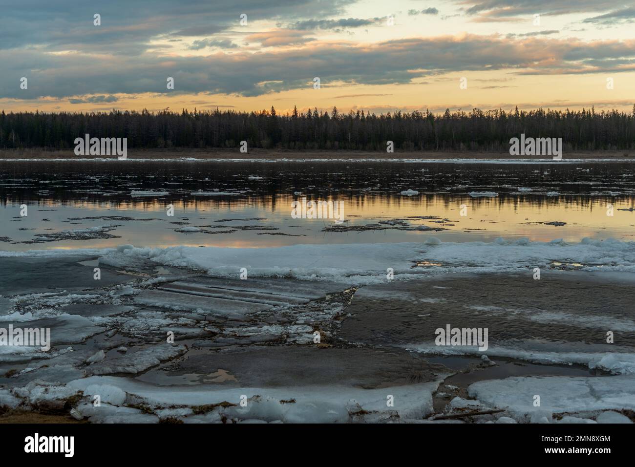 The remains of the last spring ice on the Vilyui River are melting near ...