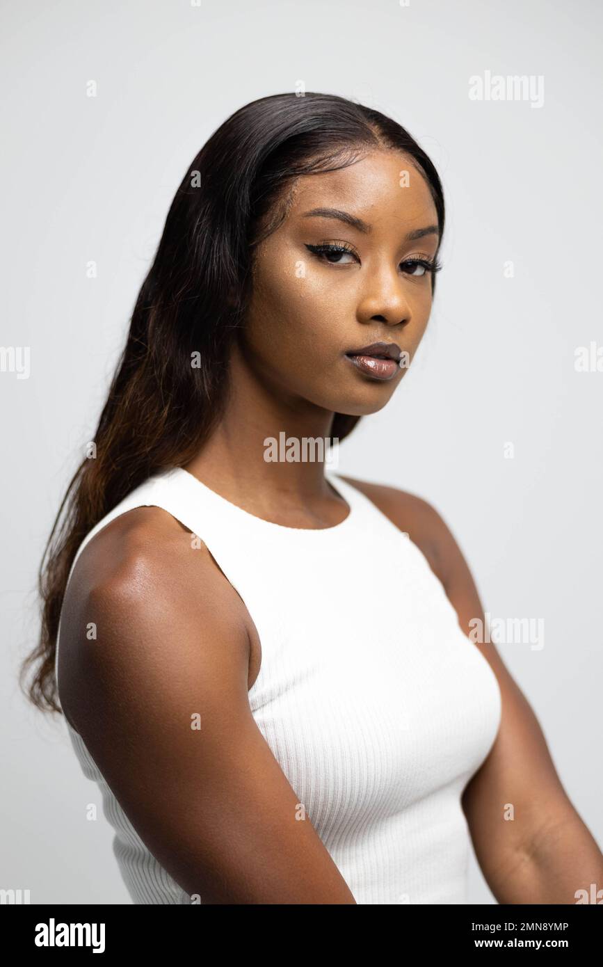 black model in front of white photography background african american ...