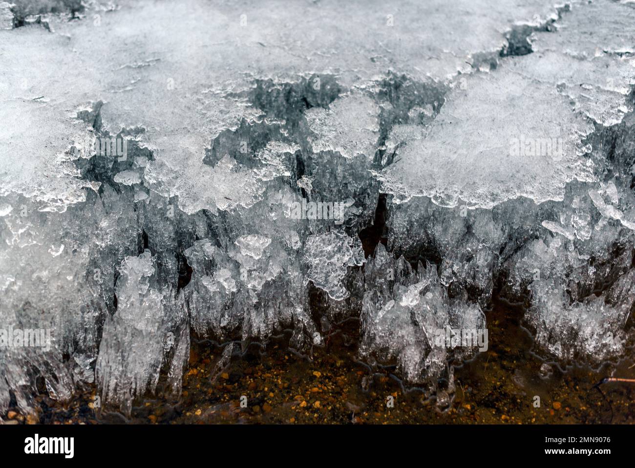 The remains of ice on the shore melt in the spring in the sun Stock ...