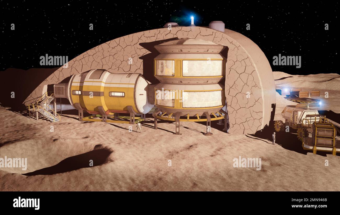 Lunar base, spatial outpost. First settlement on the moon. Space ...
