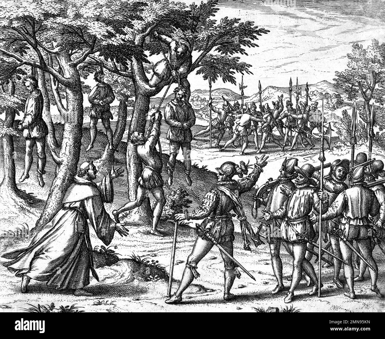 Theodor de Bry. Engraving of Christopher Columbus hanging a mutinous soldier by the ...