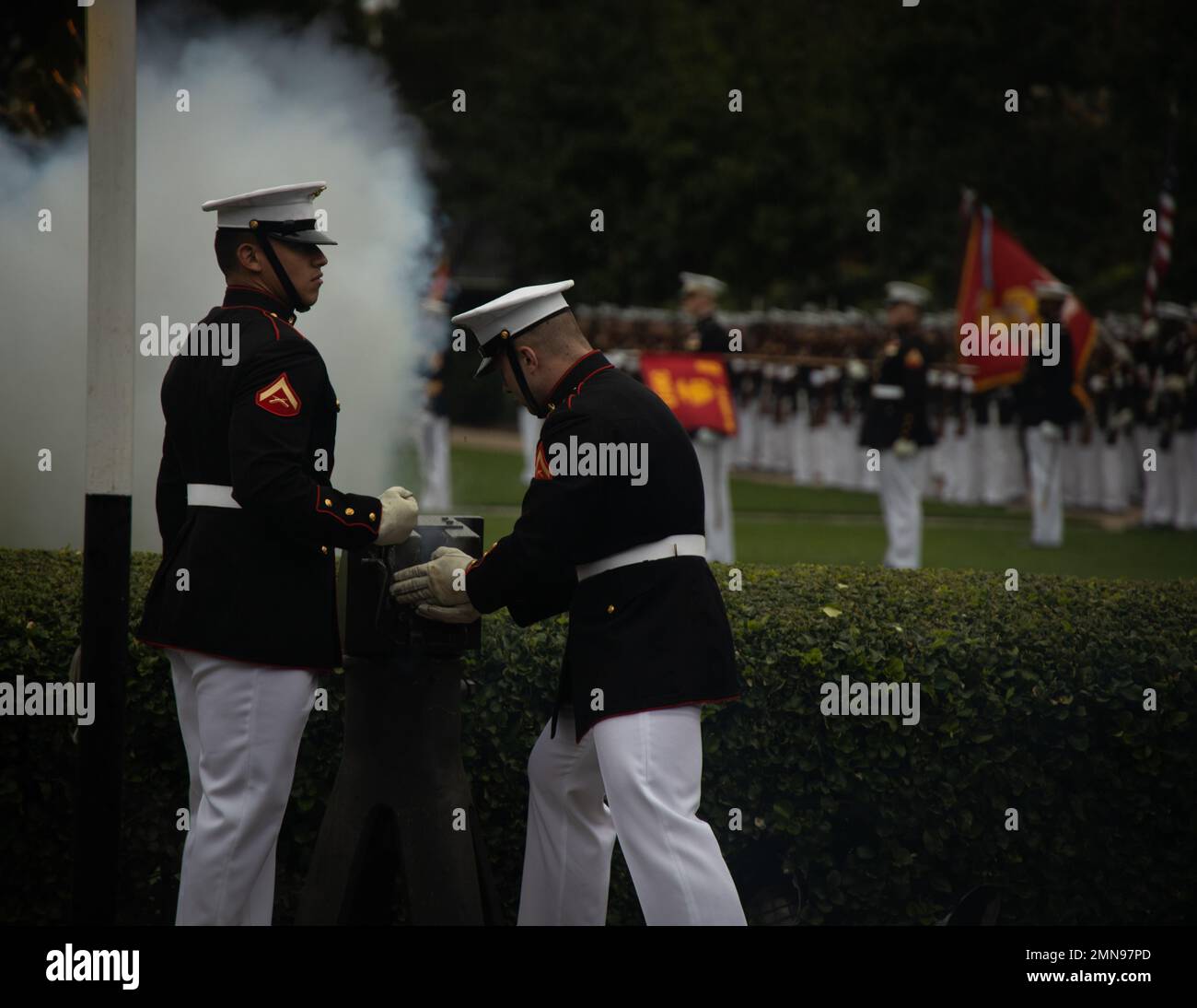 Body Bearers with Bravo Company, Marine Barracks Washington fire a 15 ...