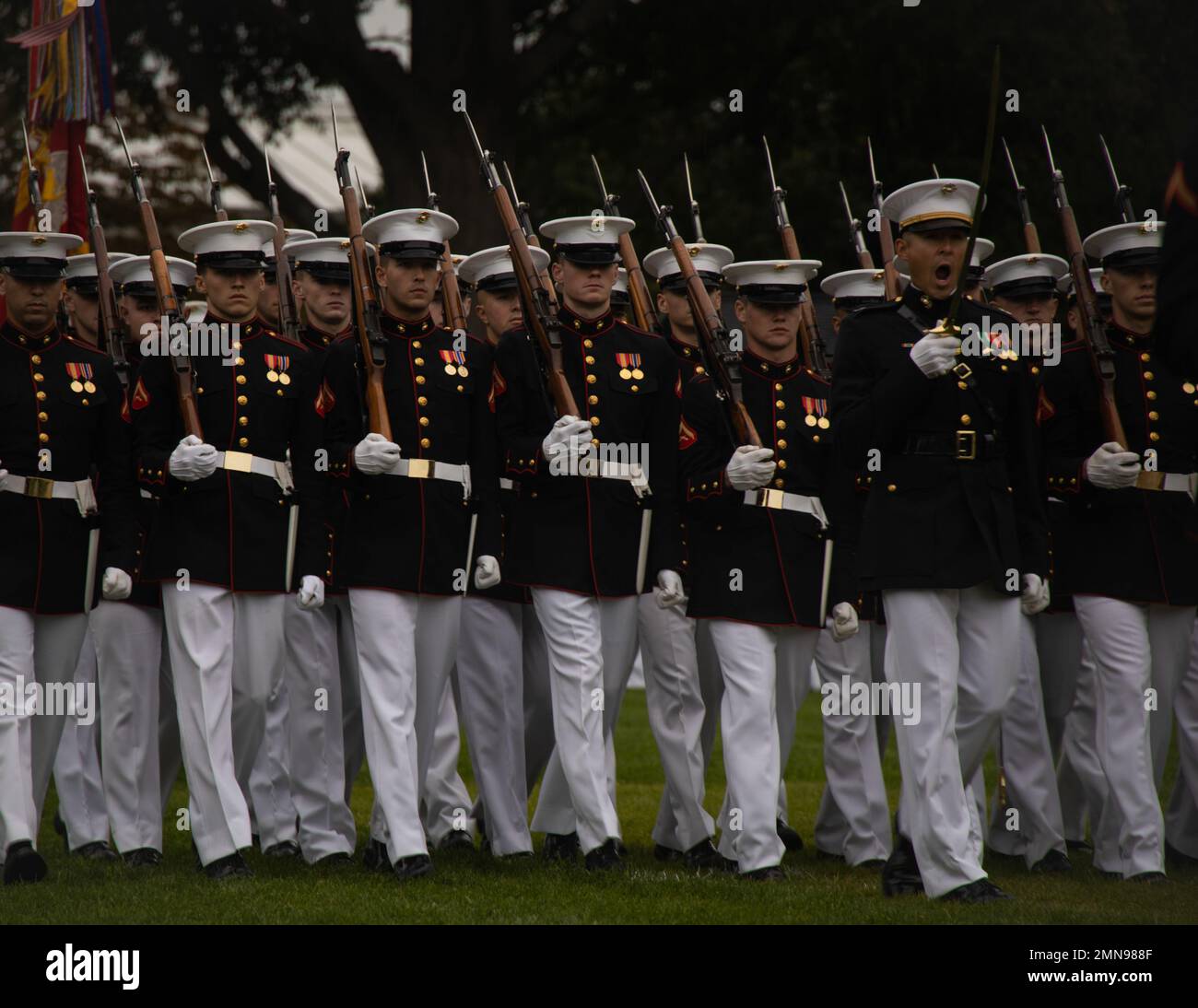 Barracks Marines execute “eyes right” during a retirement ceremony at ...
