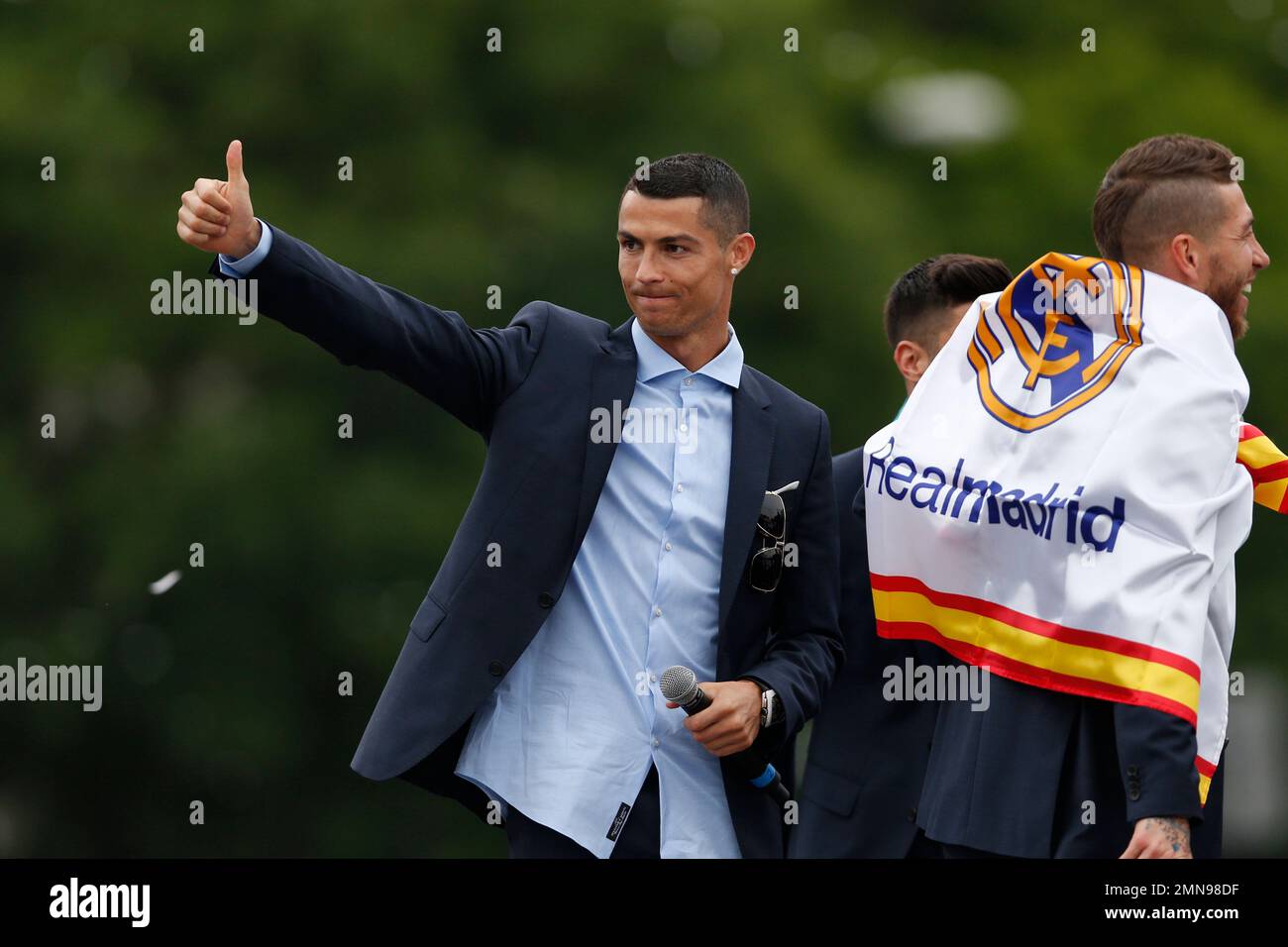 Real Madrid's Cristiano Ronaldo gestures to supporters as he celebrates ...