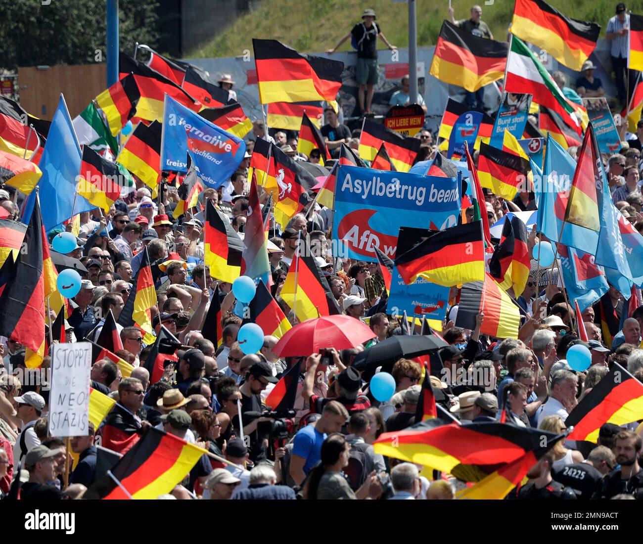 Supporters of German AfD wave flags in front of the train station in ...