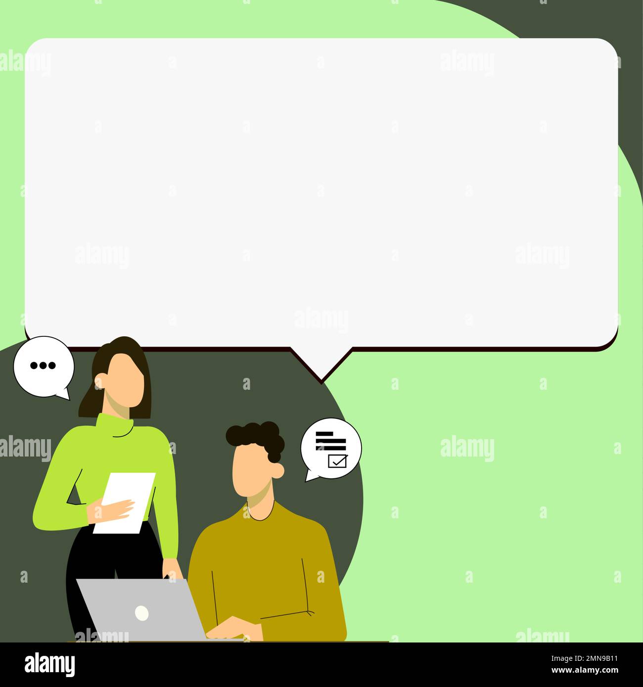 Man sitting at the table with laptop. Woman standing near computer ...