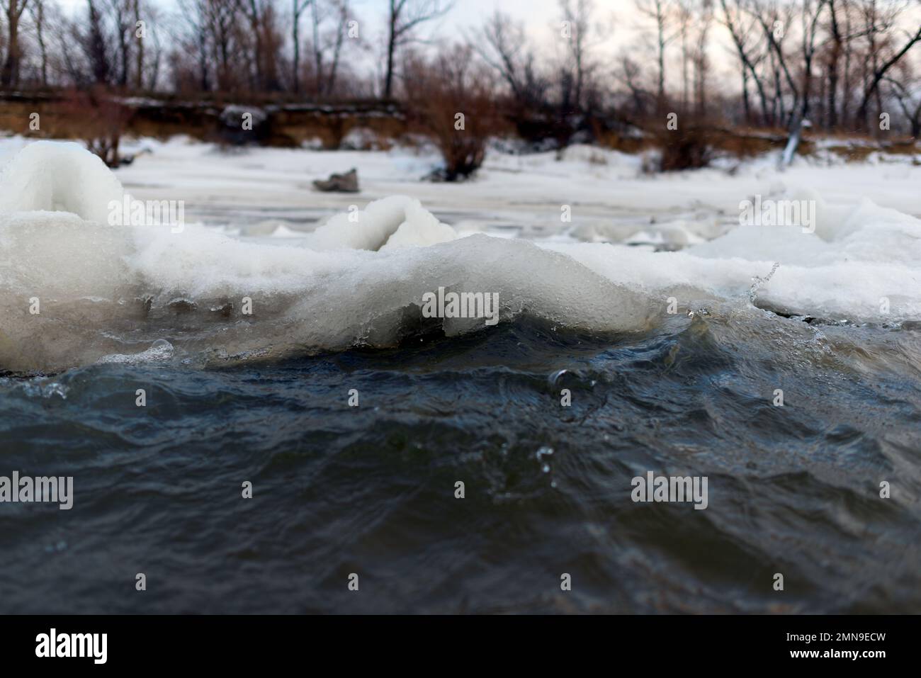 The first weak ice rises in waves from a strong current and wind of ...