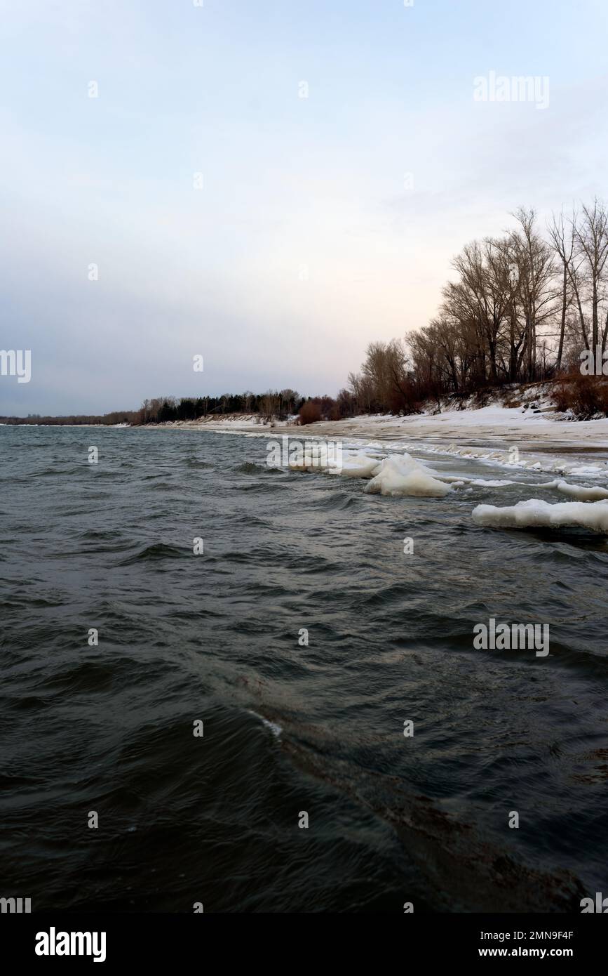 Weak ice rises in waves from a strong current and wind of water near ...