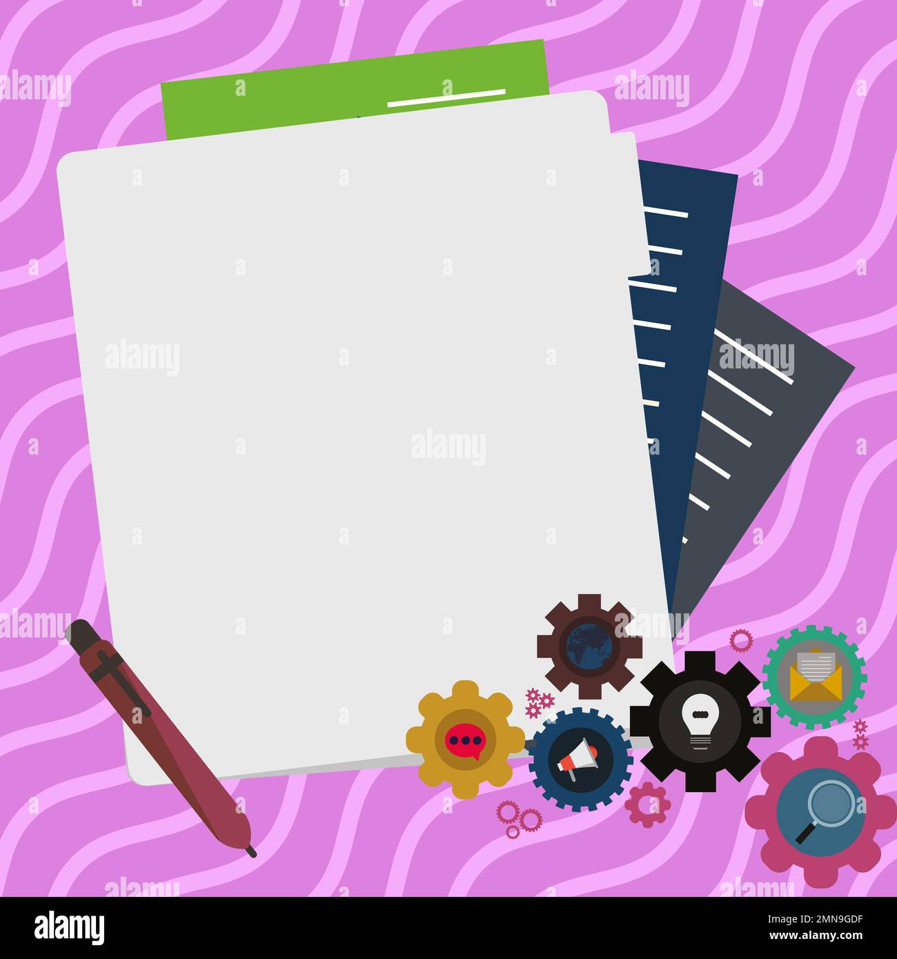 Paper sheets with text laying on bright colored background. Pencil ...