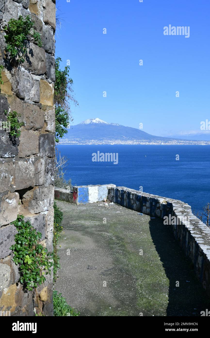 The Vesuvius volcano stands out over the gulf of Naples. Landscape from ...