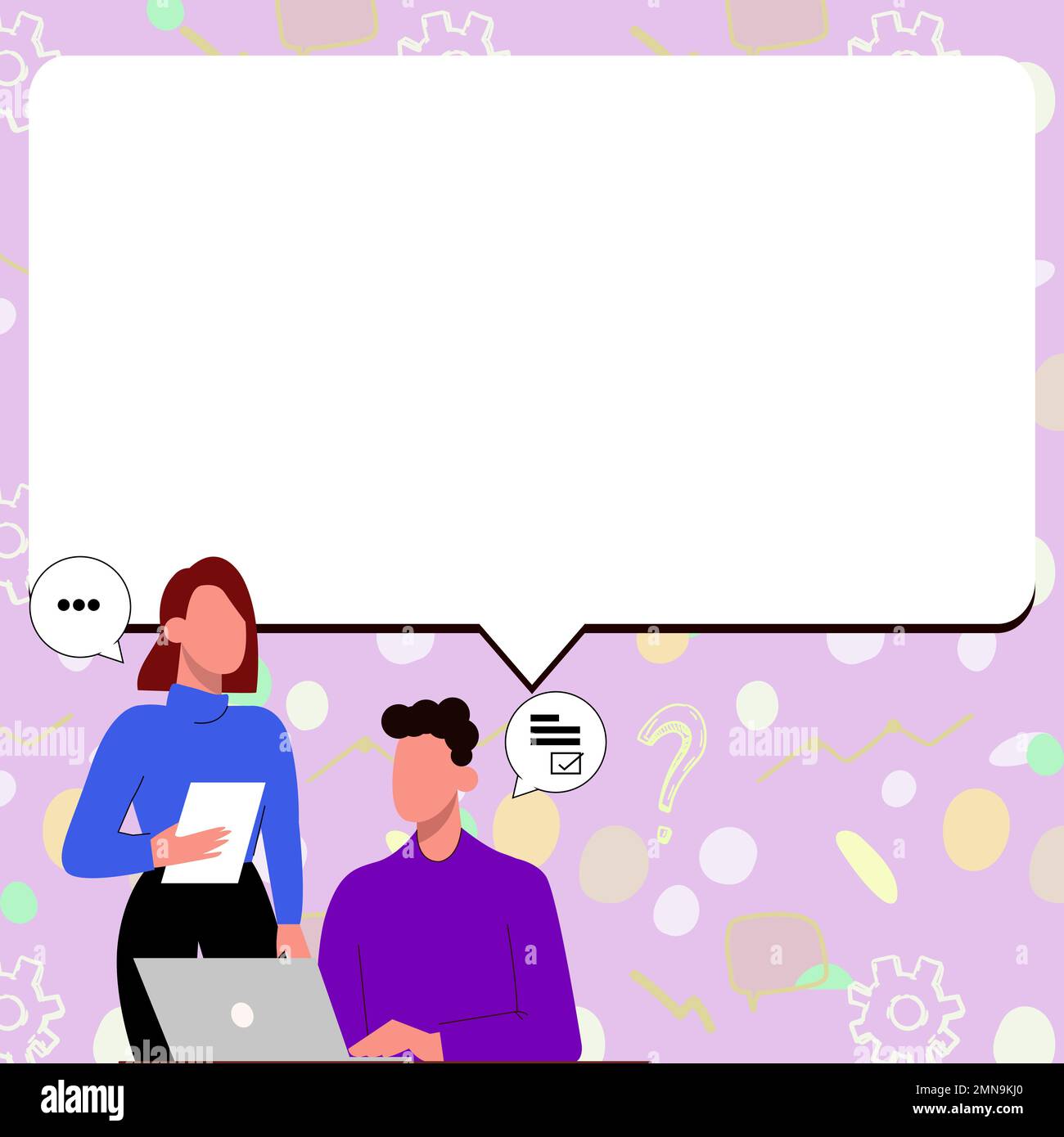 Man sitting at the table with laptop. Woman standing near computer ...