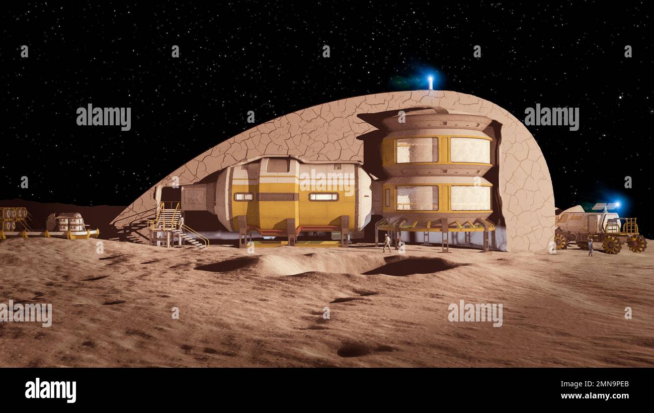 Lunar base, spatial outpost. First settlement on the moon. Space ...