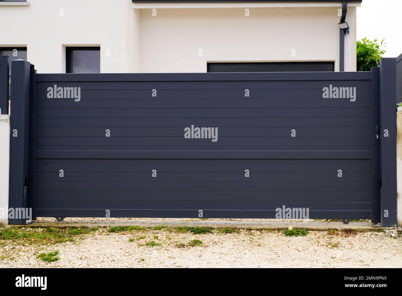 modern gray slide gate aluminum portal outdoor suburbs house street ...