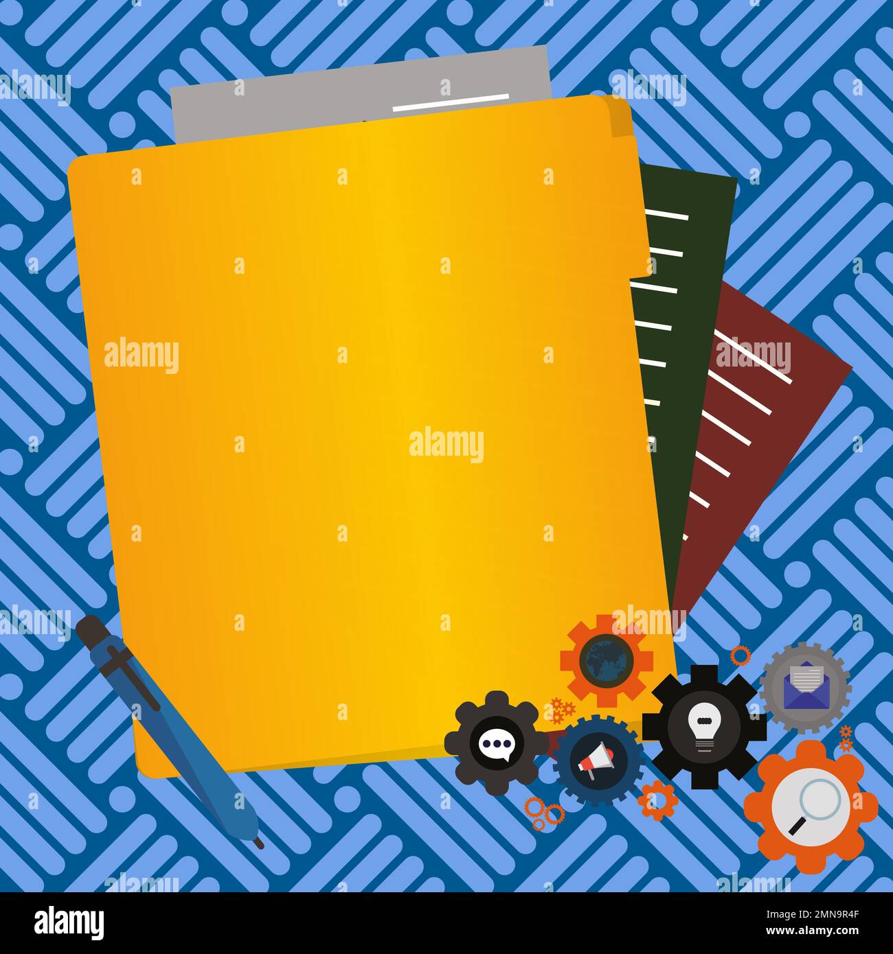 Paper sheets with text laying on bright colored background. Pencil ...