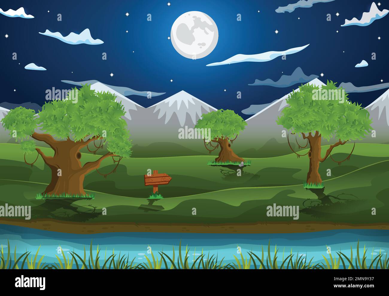 Vector illustration of cartoon night landscape background with full ...