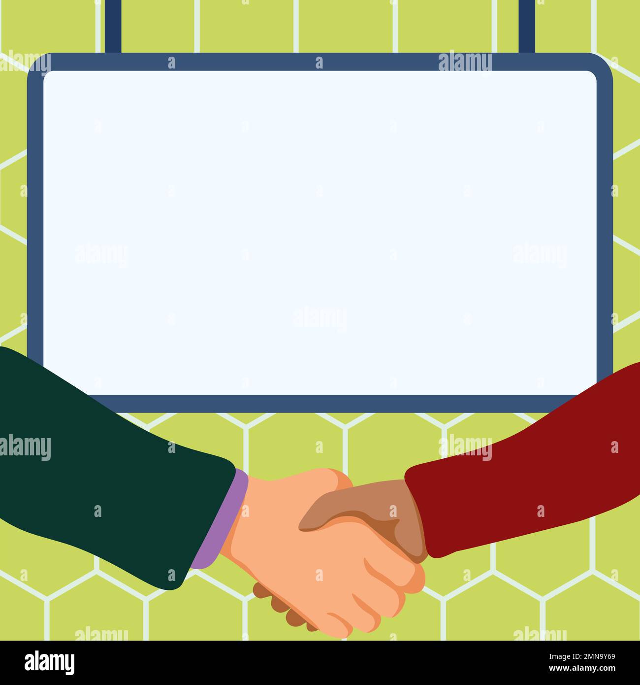 Handshake on bright colored background. Speech bubble with important ...
