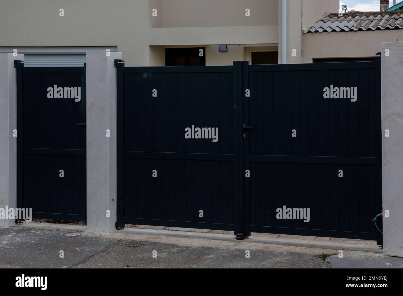 door gray gate steel big grey dark metal portal fence on modern house ...