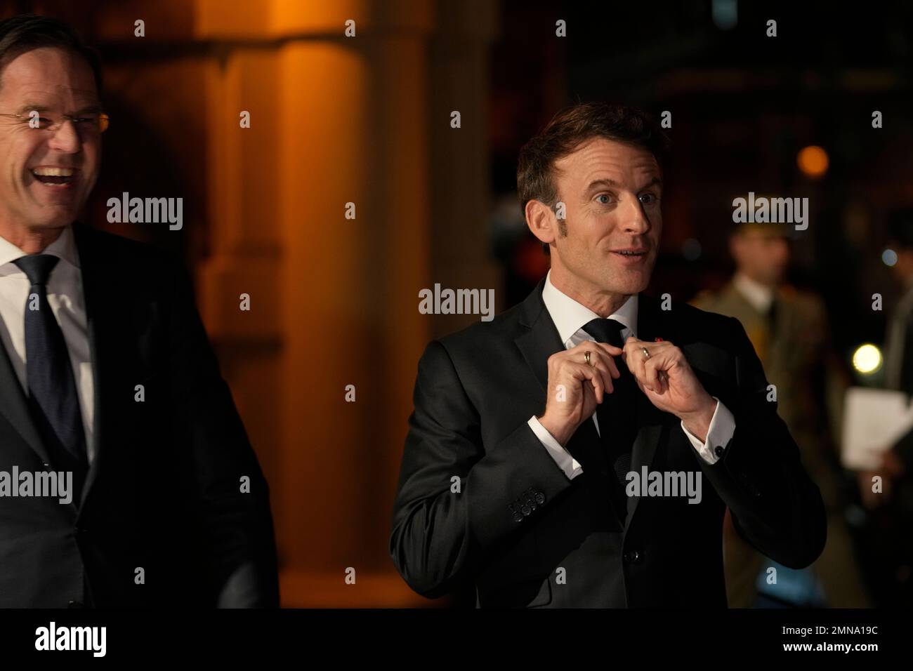 French President Emmanuel Macron, right, and Dutch Prime Minister Mark ...
