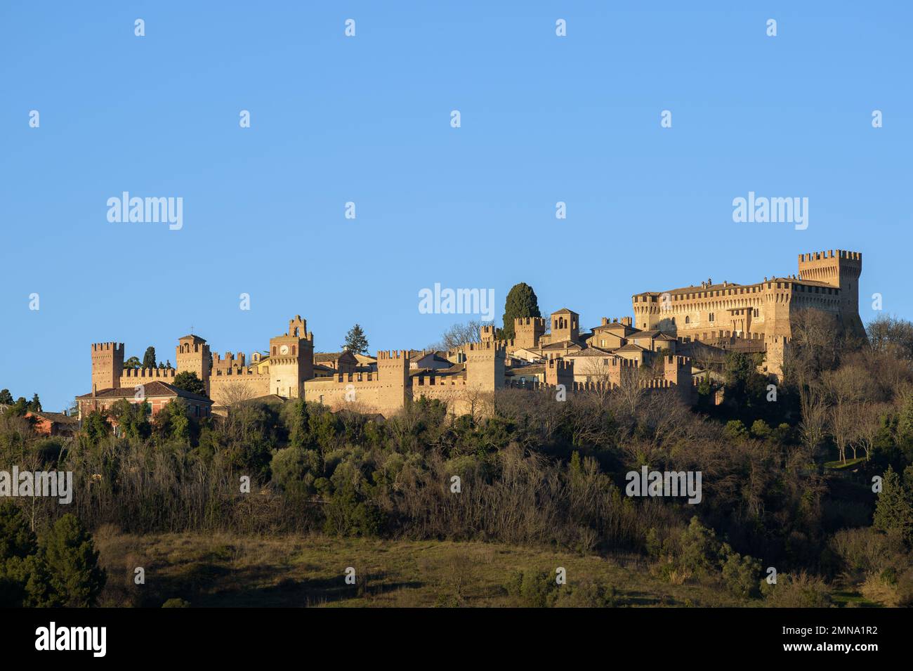 The castle of Gradara seen from afar with copy spacein the sky. Gradara ...