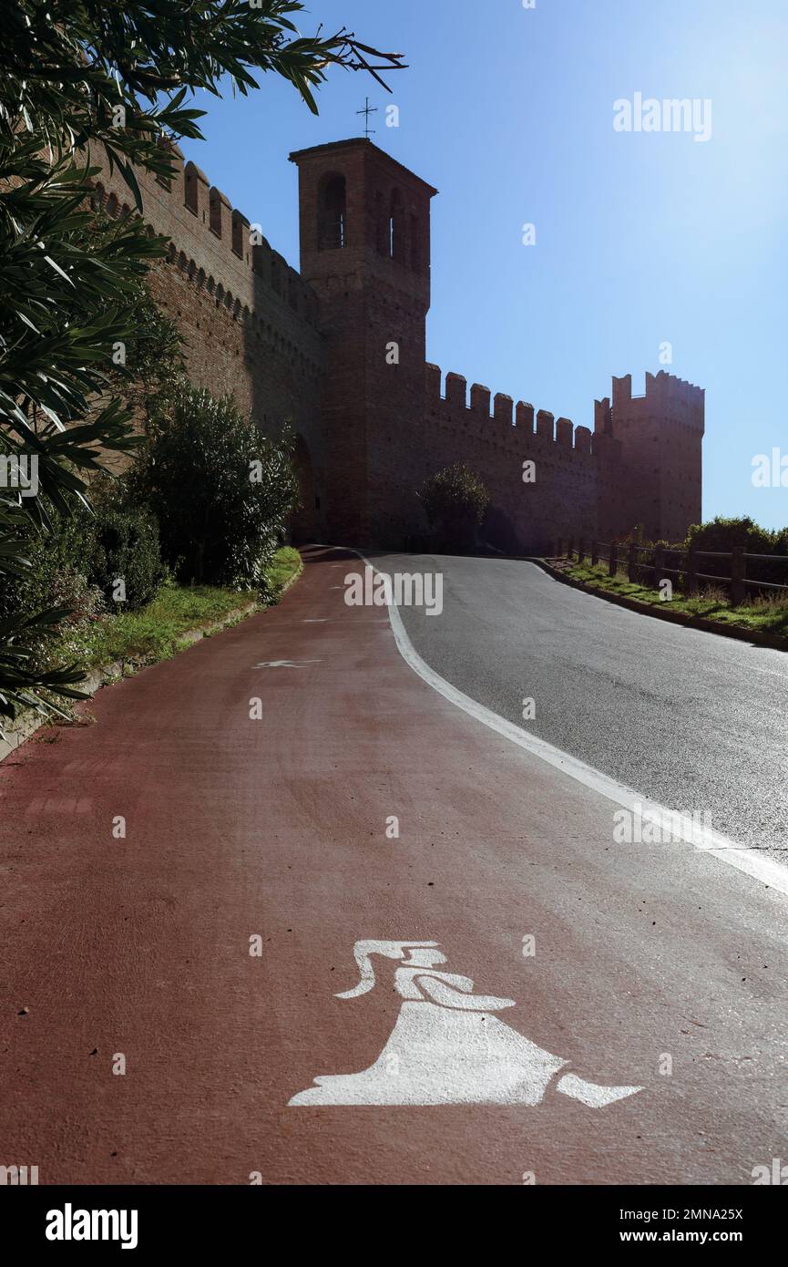 Funny pedestrian sidewalk in the medieval village of Gradara (Italy ...