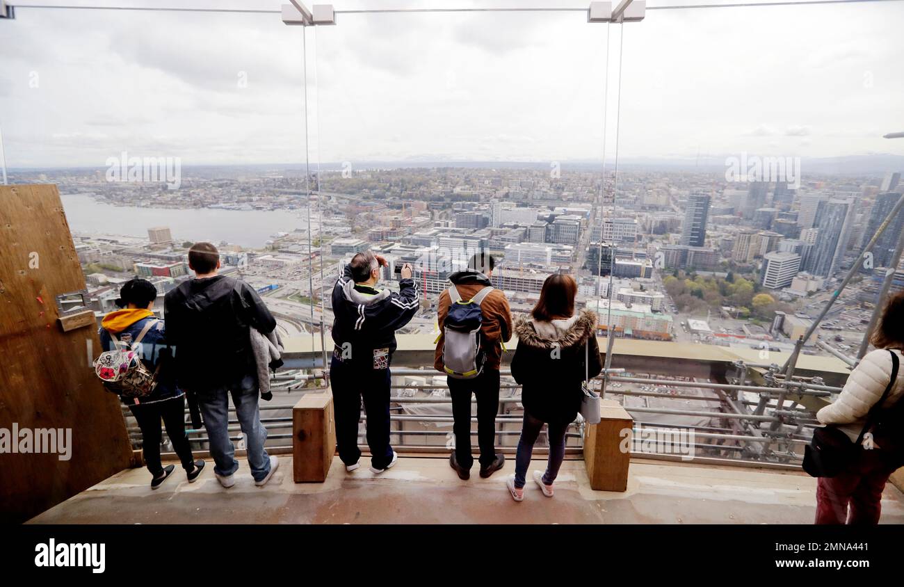 In this photo taken April 18, 2018, visitors to the viewing platform of ...