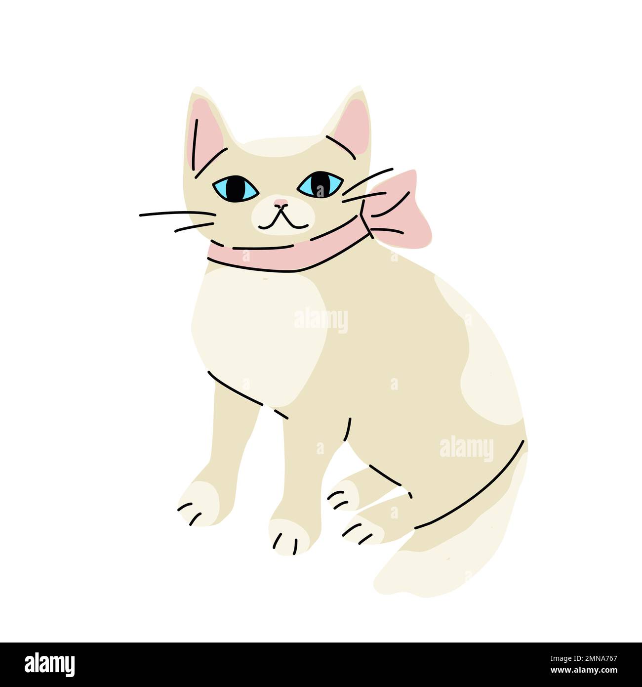 Illustration of cute beige cat with pink bow on the neck, sitting and ...