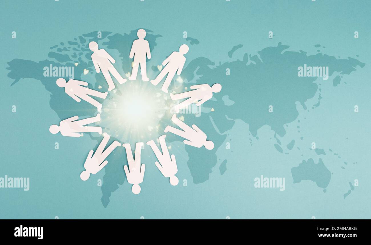 Group of men staning in a circle, on the world map, global ...