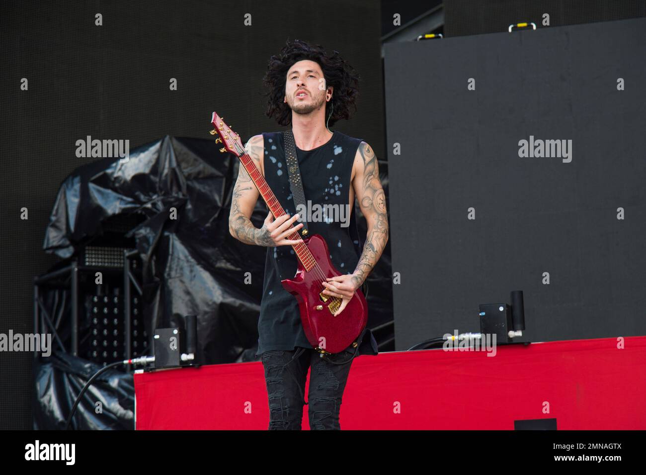 Cameron Liddell of Asking Alexandria performs at the Rock On The Range ...