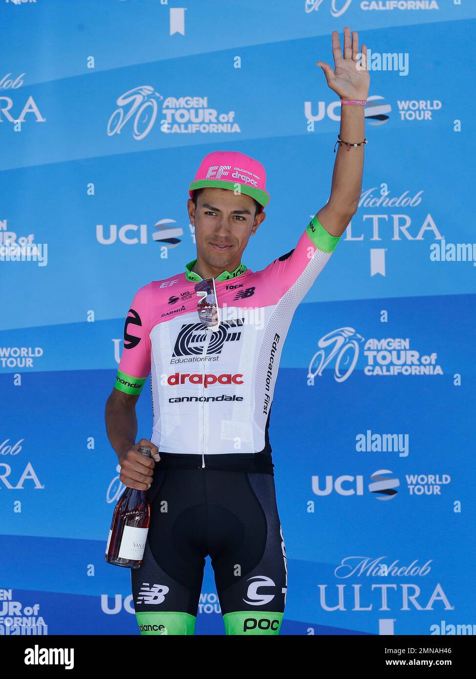 Daniel Martinez waves to the crowd after finishing third in the Amgen ...