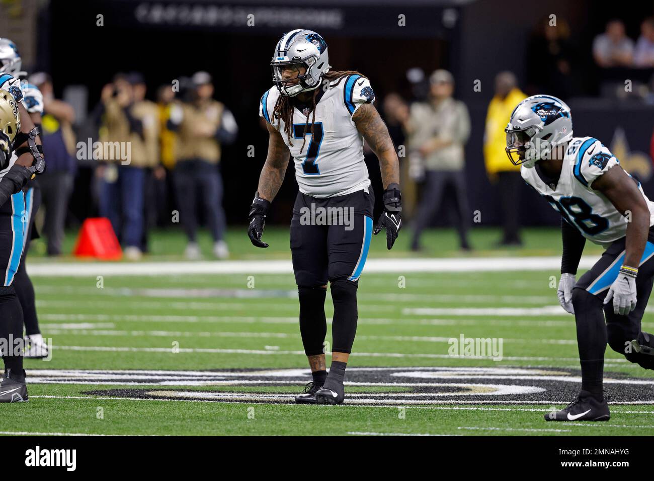 Carolina Panthers defensive end Marquis Haynes Sr. (98) and linebacker ...