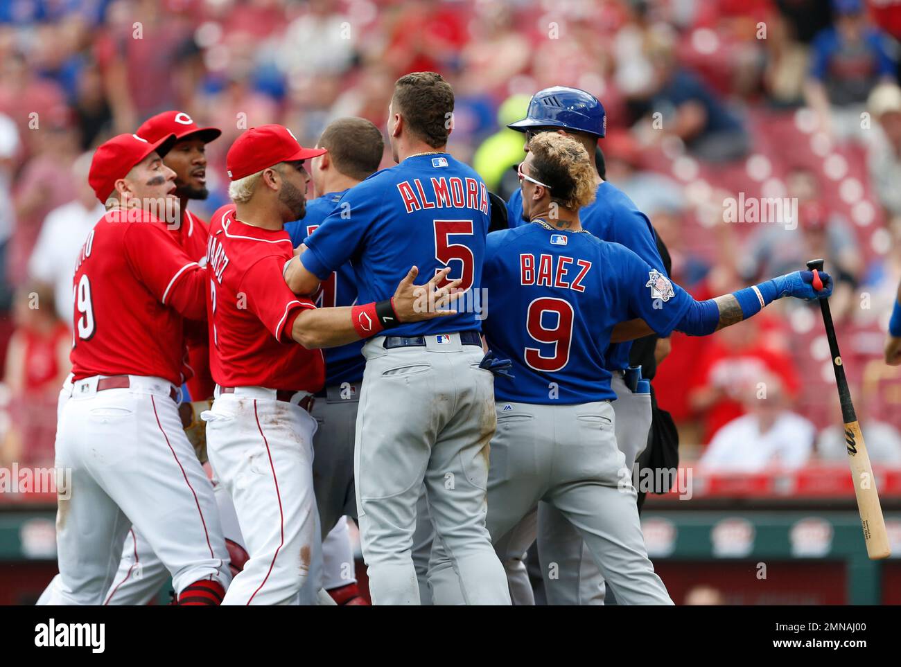 Chicago Cubs' Javier Baez, right, has a few words for Cincinnati Reds ...