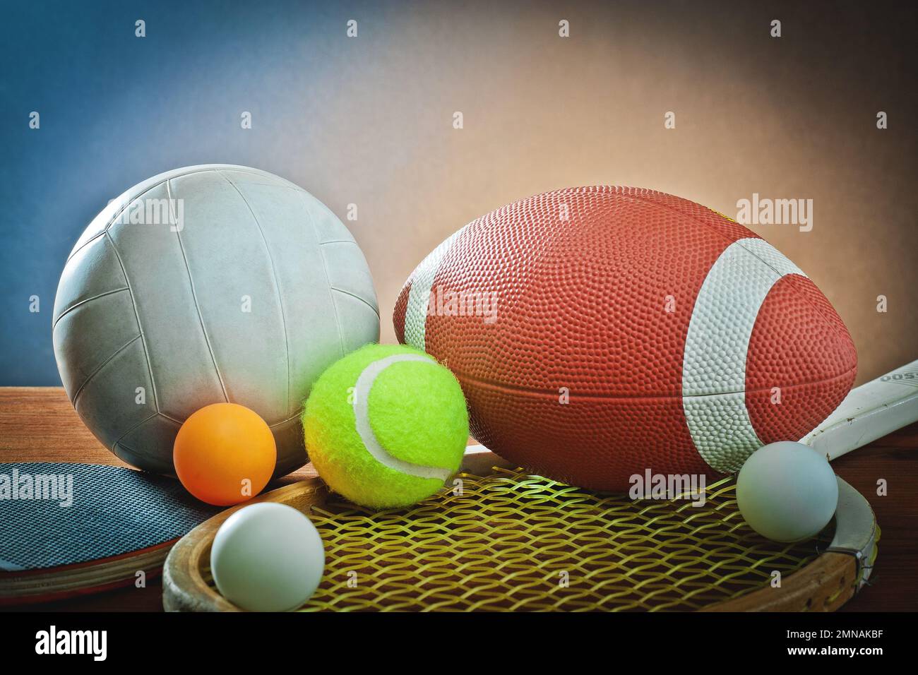 Assorted sports equipment. Tennis, rugby, volleyball and pingpong Stock ...