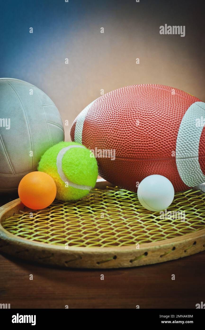 Assorted sports equipment. Tennis, rugby, volleyball and pingpong Stock ...