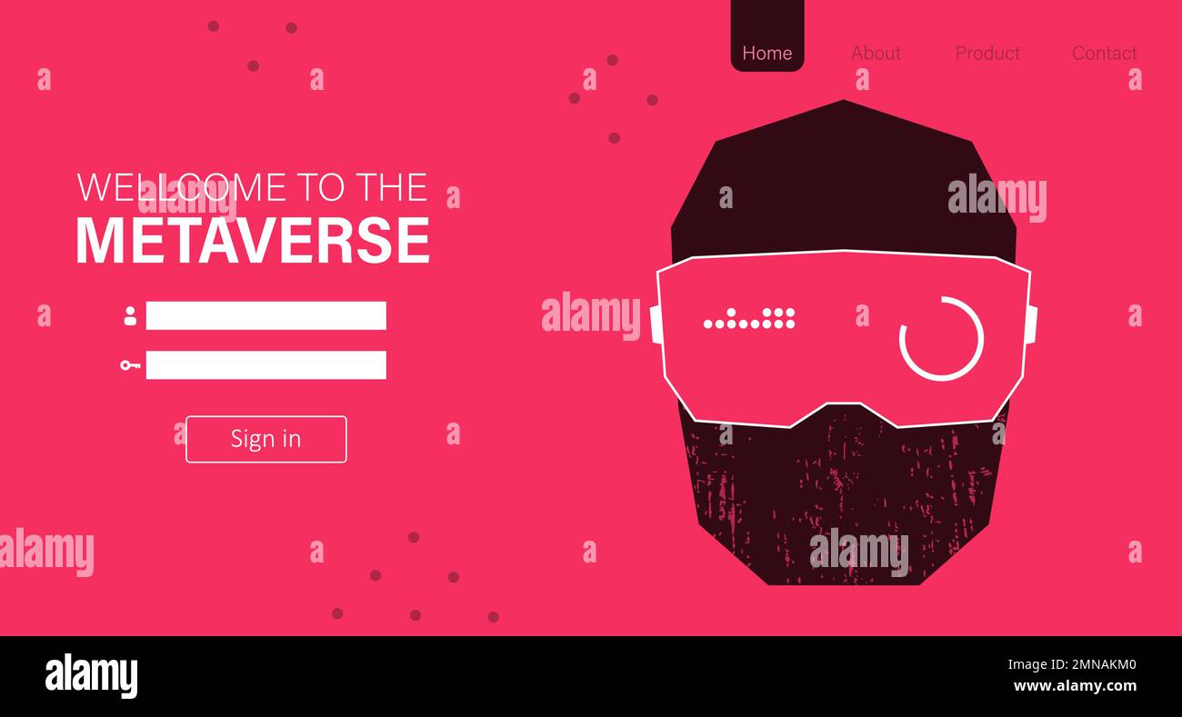 Metaverse landing page. Man with virtual reality VR goggle playing AR ...