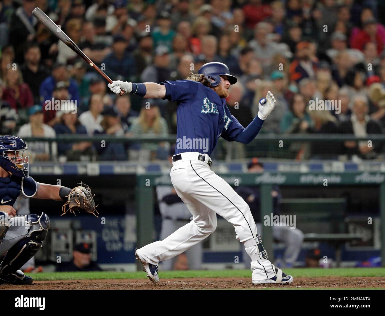 Seattle Mariners' Ben Gamel watches his two-run single in front of ...