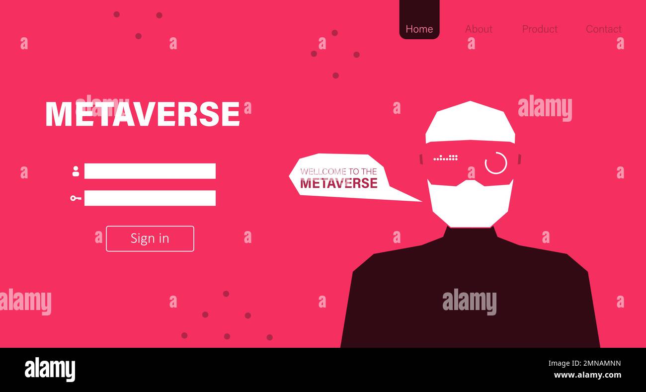 Metaverse landing page. Man with virtual reality VR goggle playing AR ...