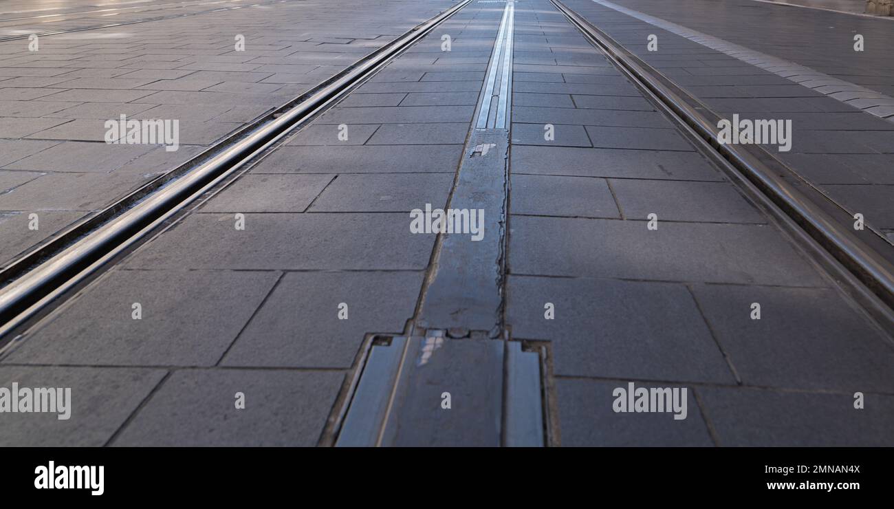 tram rail urban view panoramic tramway path in city center in web ...