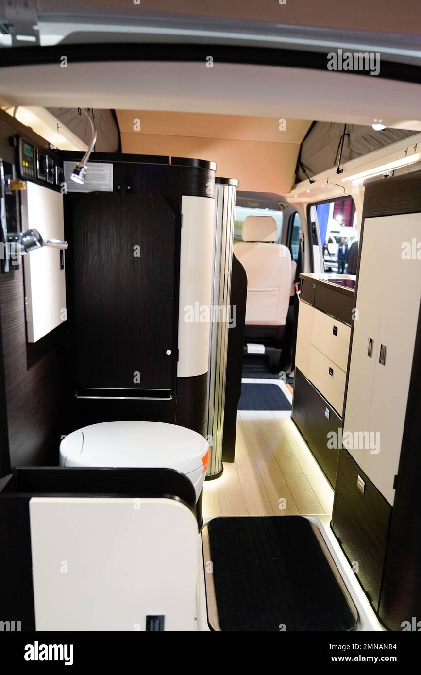 Interior inside a luxury camper van Travel Trailer Stock Photo - Alamy