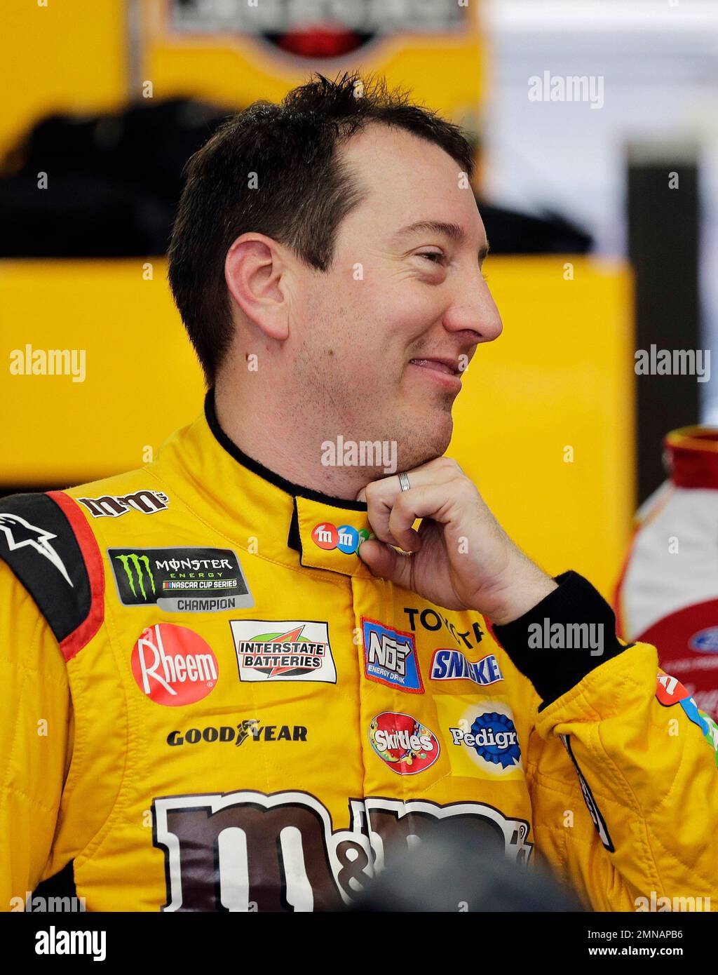 Kyle Busch smiles in the garage before practice for NASCAR Cup Series ...