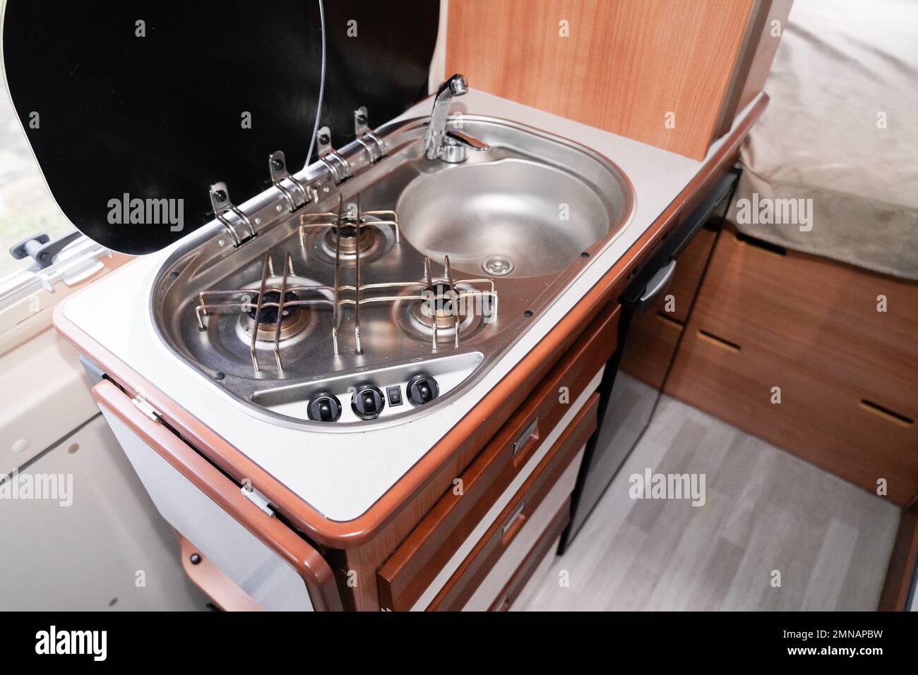 Camper van Kitchen in motorhome mobile house with modern sink Stock ...