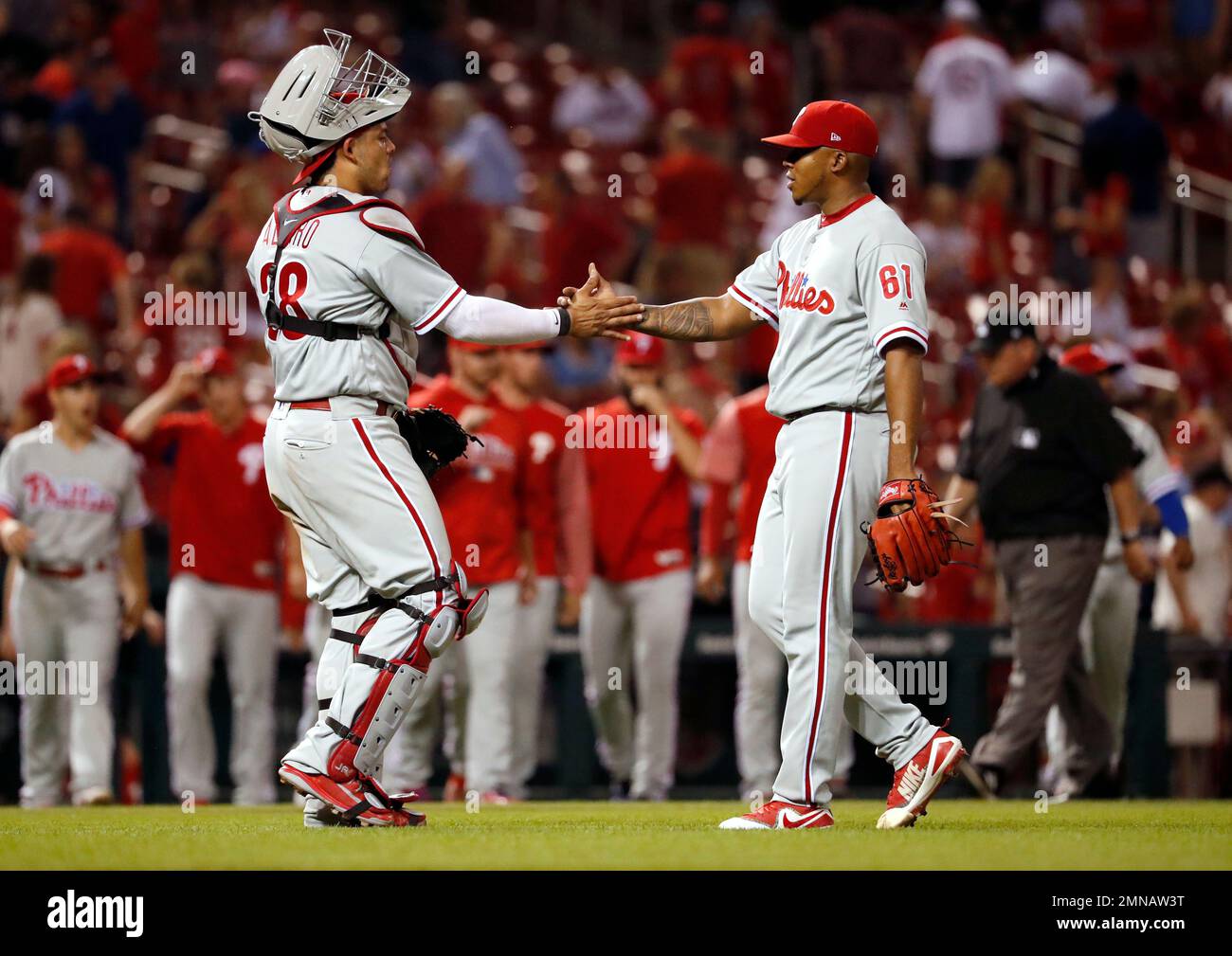 Philadelphia Phillies relief pitcher Edubray Ramos, right, and catcher ...