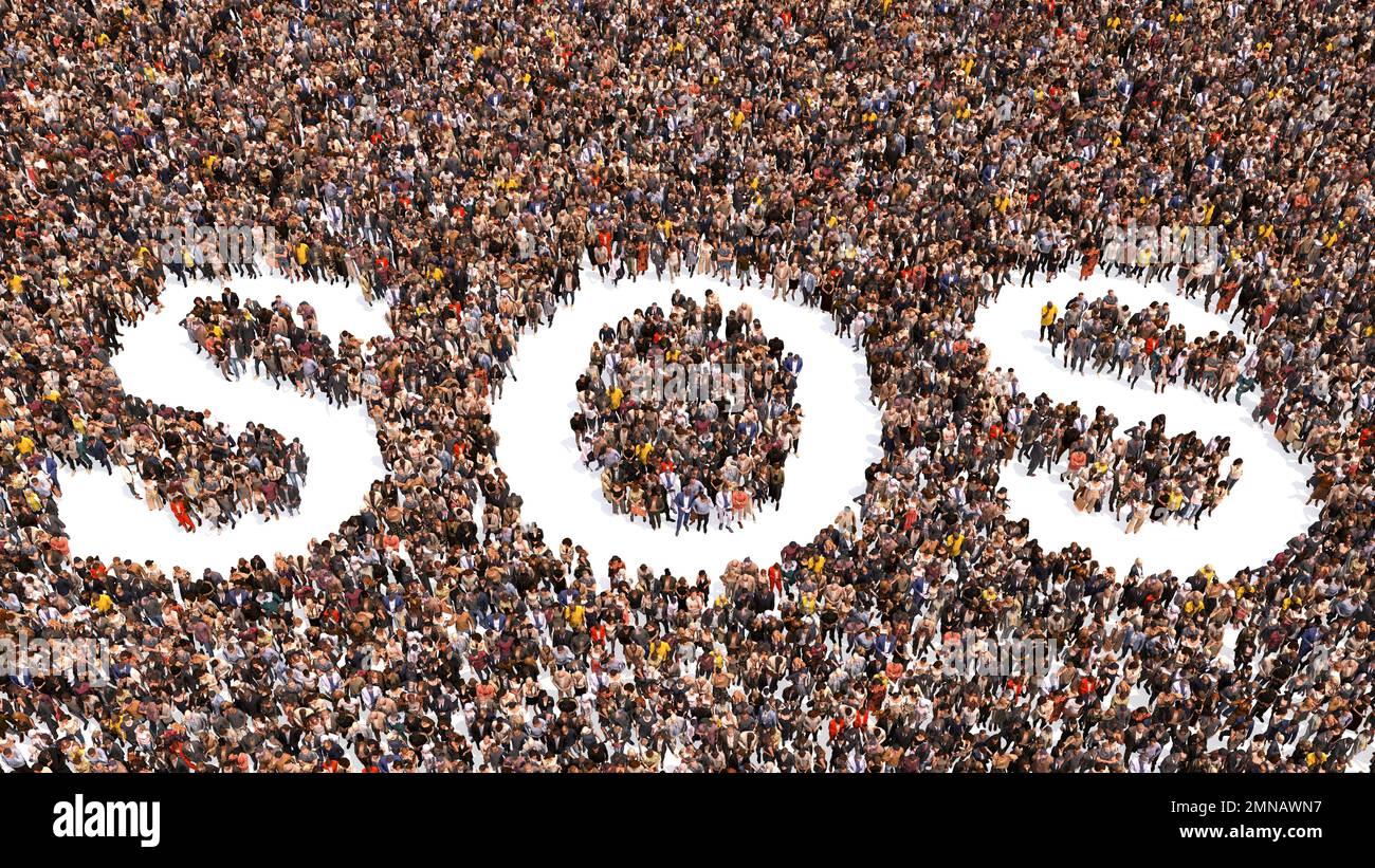 Conceptual large community of people forming SOS message. 3d ...