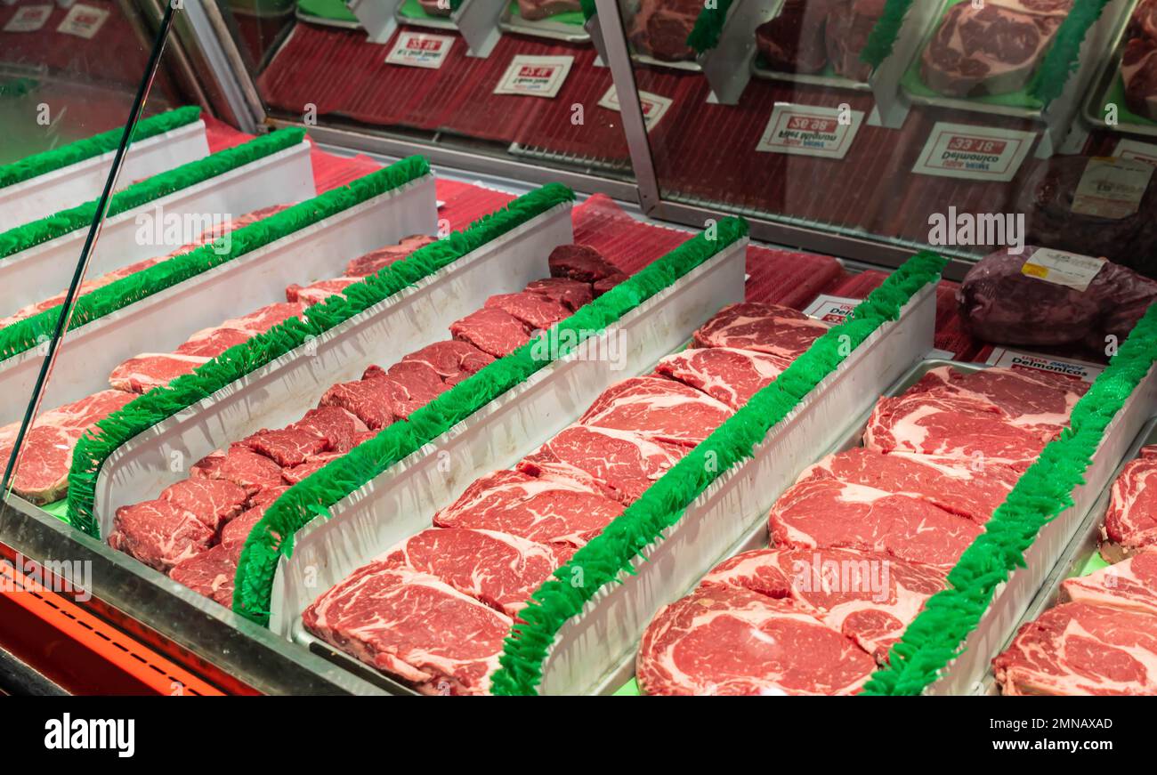 Fresh meat in a display case in a store in the Strip District ...