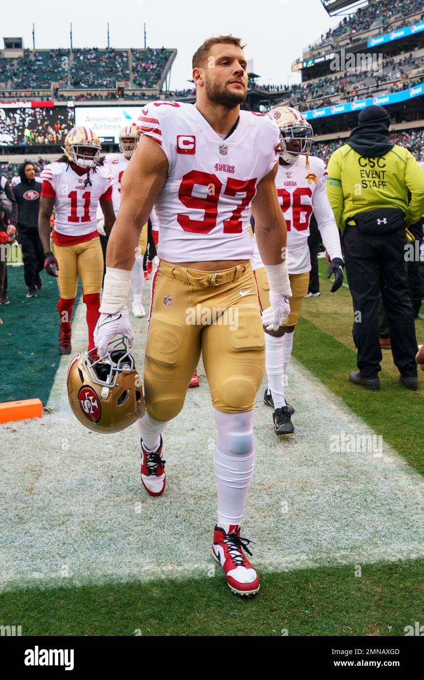 San Francisco 49ers defensive lineman Nick Bosa (97) heads off the ...
