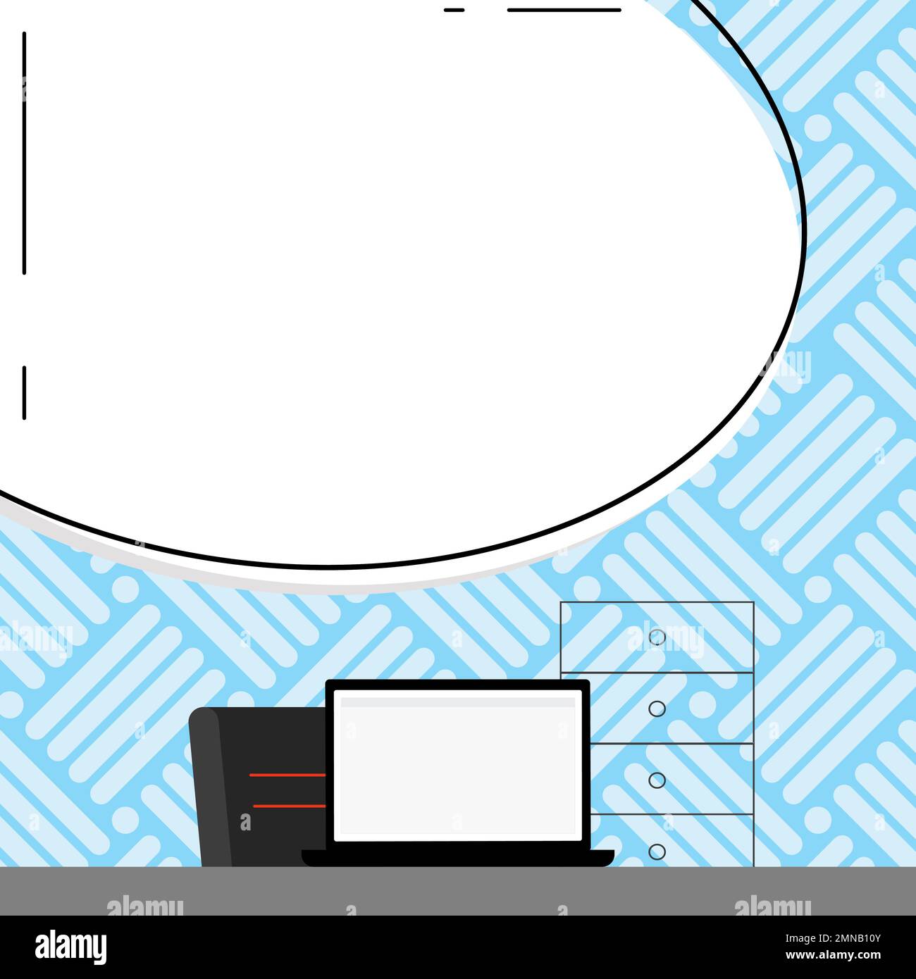 Laptop standing on desk near box. White screen contains new important ...