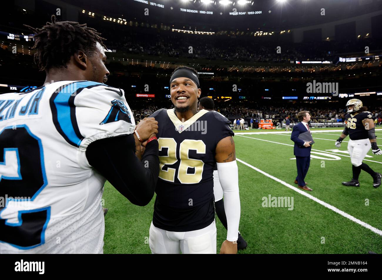 Carolina Panthers safety Sam Franklin Jr. (42) and New Orleans Saints ...