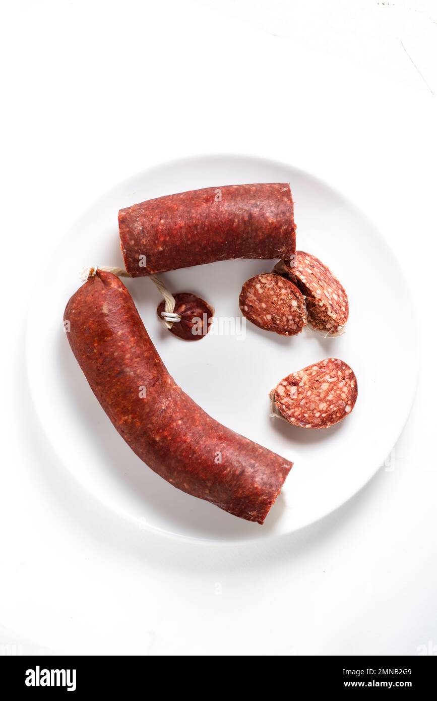 sujuk or sucuk or soudjouk food turkish sausages on white background ...