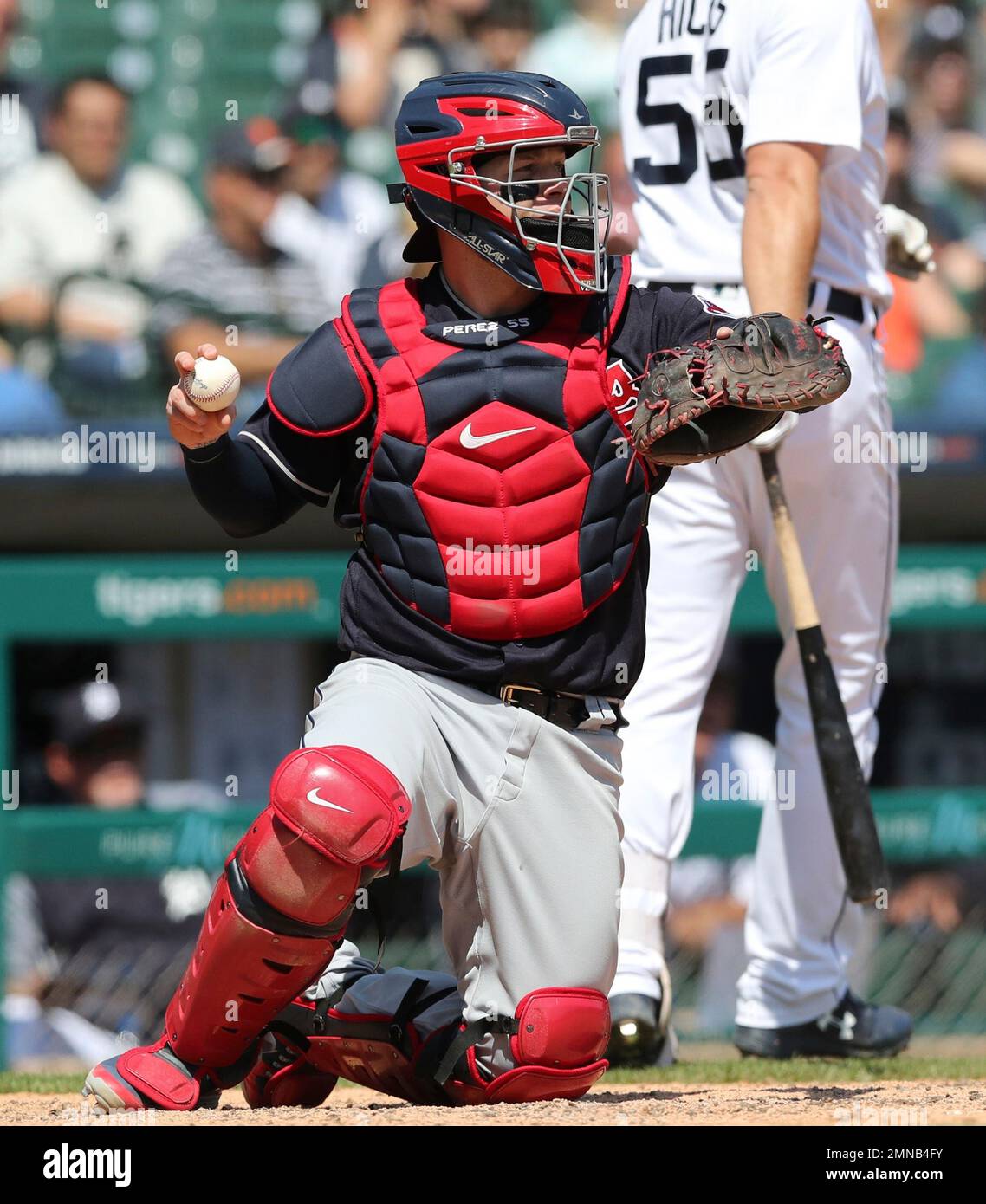 Cleveland Indians catcher Roberto Perez returns the ball to starting ...
